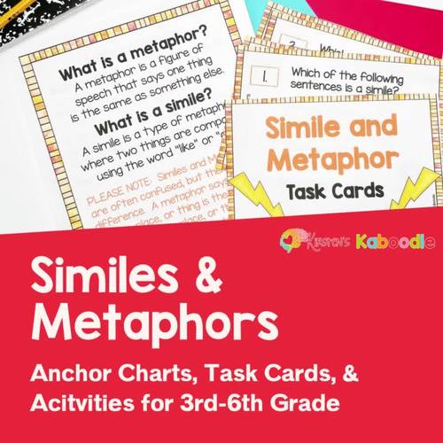 Similes and Metaphors Anchor Charts, Task Cards and Worksheets ...