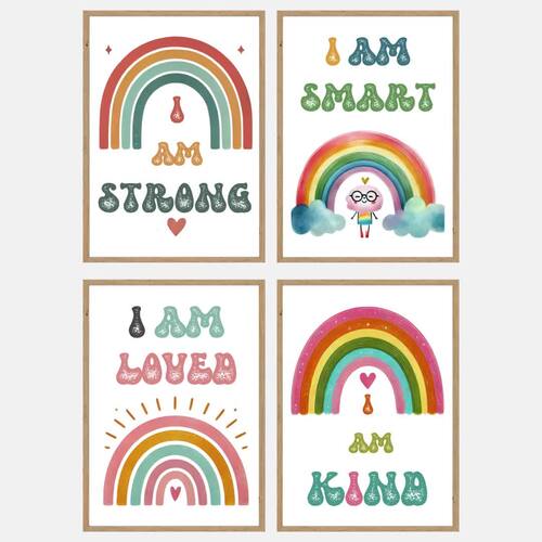 Rainbown Positive Affirmations Posters Groovy Wall Art Classroom Poster