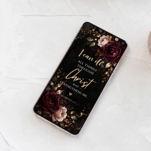 Christian Phone Wallpaper – Philippians 4:13 Dark Floral Gold Design