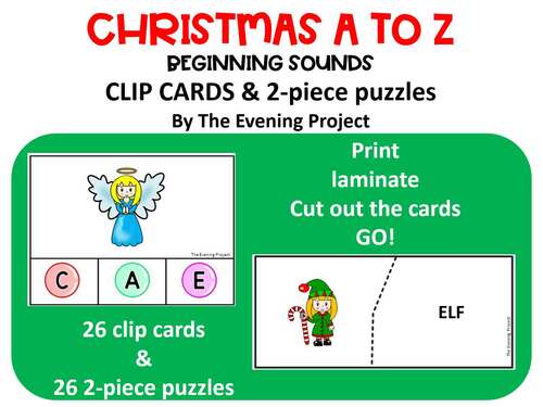 Christmas theme/Beginning sounds clip cards and 2-piece puzzles for K+