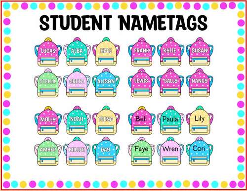 Editable School Bags Student Name Labels, Polka Dots Bags Theme Name Signs