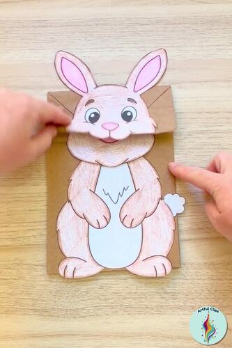 Rabbit Paper Bag Puppet Craft Template, Animal Color Cut & Paste Bunny ...