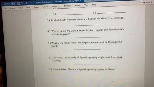 Spanish Trivia Questions (editable and fillable resource) | TPT