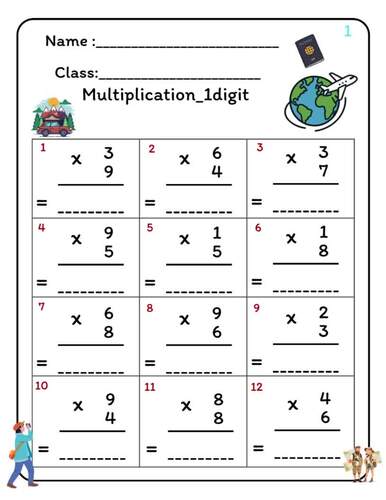 1 Digit Multiplication worksheets! fun and easy learning! by Sompornu