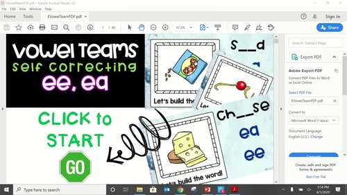 Vowel TEAM ee, ea SELF CORRECTING PDF- Digital Google ONLINE Distance ...