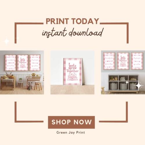 Kids Alphabet Chart Pink Wall Art, Set of 3 Educational Reading ...