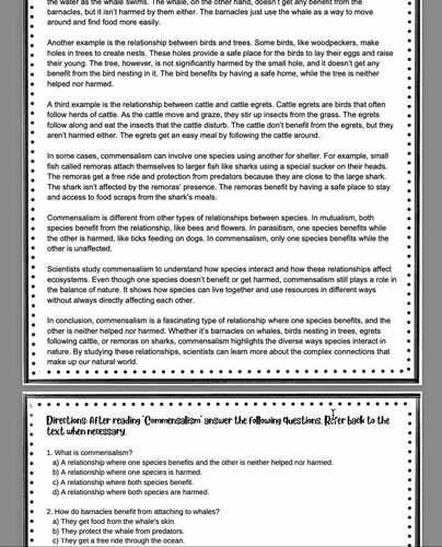 Commensalism Reading Worksheet | Symbiosis Reading Passage and Writing ...