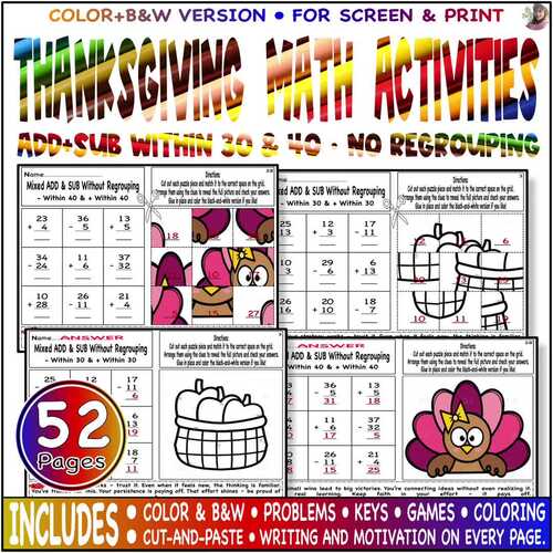 Mixed Add Subtract within 30, 40 without regrouping | Thanksgiving ...