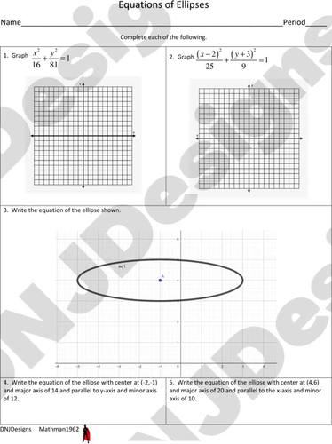 Equations of Ellipses Printable/Handout/Worksheet by DNJDesigns and ...