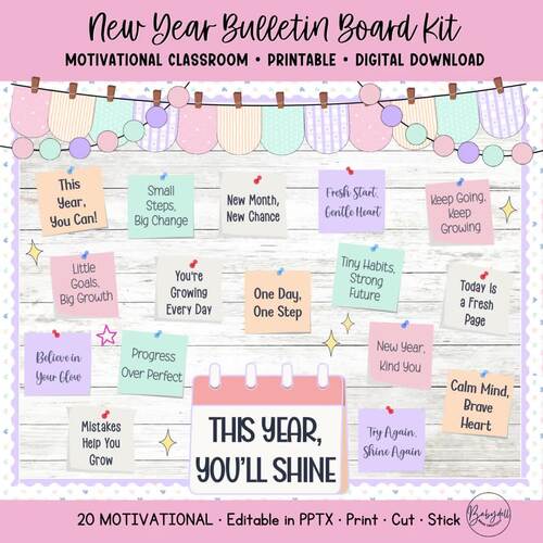 New Year Bulletin Board Kit: Motivational Classroom Decor | Editable PPT