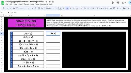 SIMPLIFYING EXPRESSIONS Google Sheets Mystery Picture | TPT