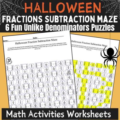 Halloween Math Fraction Subtraction 6 Mazes Unlike Denominators | Fall ...