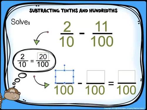 Subtracting Tenths and Hundredths Fractions Google Slides and Worksheets