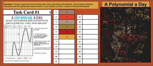 A Polynomial A Day (#2) - Polynomial Practice Task Cards -- Digital Pixels