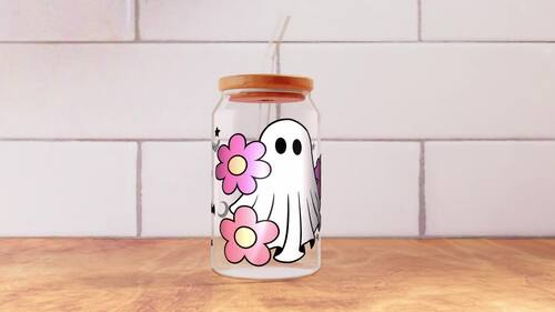 Ghost and Flowers Can Glass Wrap 16oz SVG, Halloween Ghost Can Glass Wrap.