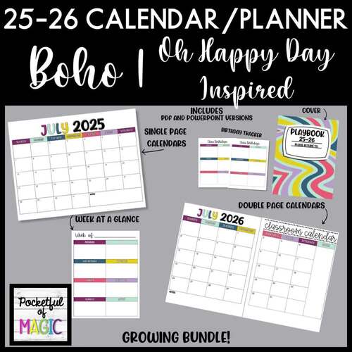 Oh Happy Day Calendar | Boho Planner | 25-26 Planner | Cute Teacher Planner