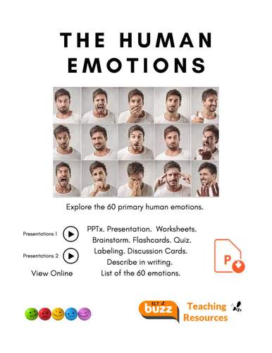 The Human Emotions. PPTx. Adjectives. Vocabulary. Feelings. ESL. EFL. ELA.