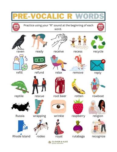 R Articulation Packet (Pre-vocalic, Vocalic, Blends) Isolation to Words