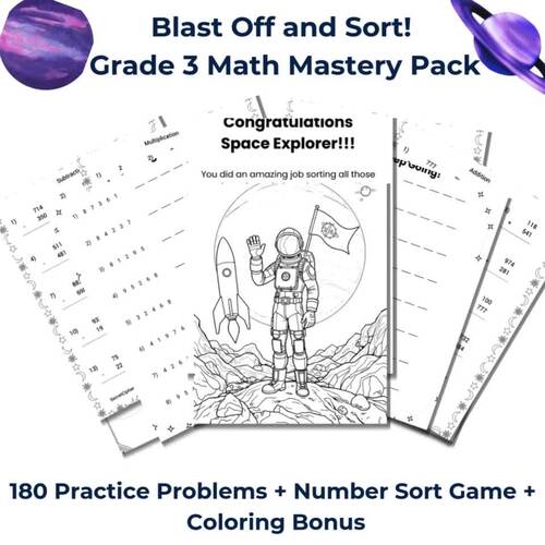 Grade 3 Math Mastery Pack — 180 Problems + Number Sort Game & Coloring ...