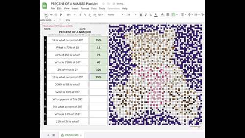 Percent of a Number Google Sheets Digital Pixel Art Math Activity