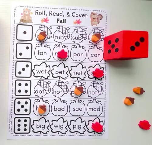 Fall Roll, Read & Cover – CVC Literacy Center Game Kindergarten