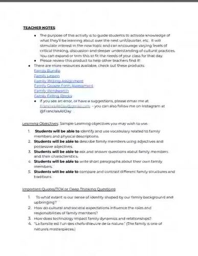 La Famille - French Family Anticipation Guide/Pre-Unit Cultural Intro
