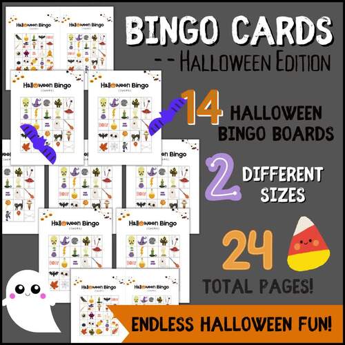 Printable Halloween Bingo Game for Kids | 14 Unique Cards | 2 Sizes ...