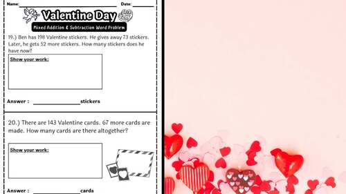 Valentine’s Day Math Word Problems | Grade 3–4 Addition & Subtraction 2 ...
