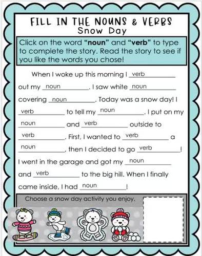 Winter Stories Fill in the Parts of Speech Worksheets - Print and Digital