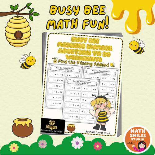 Busy Bee Missing Number Addition to 20 Worksheets | Math Practice 1st Grade