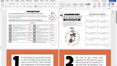 Fun Halloween Around the Room Math Activity Integers Word Problems 6th/7th