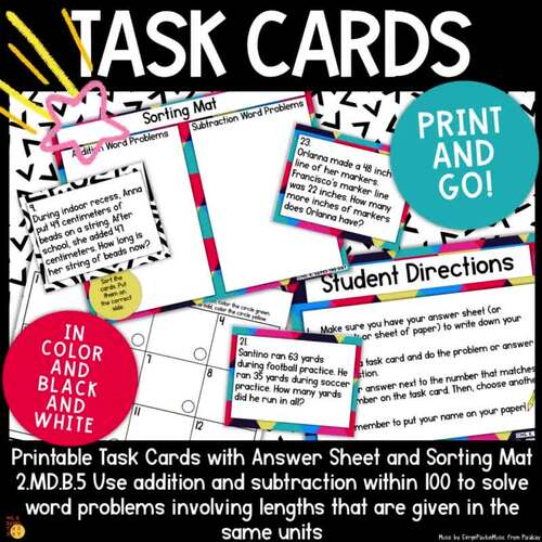 2.MD.B.5 Low Prep Task Cards and Sorting Mat by Ms K Saves the Day