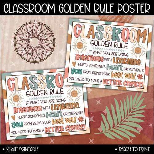 Boho Classroom Golden Rule Poster, Class Rules Sign, Preschool Behavior ...