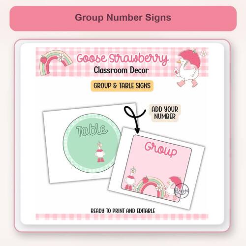 Table Number Signs & Group Labels Goose Strawberry Editable Classroom Decor