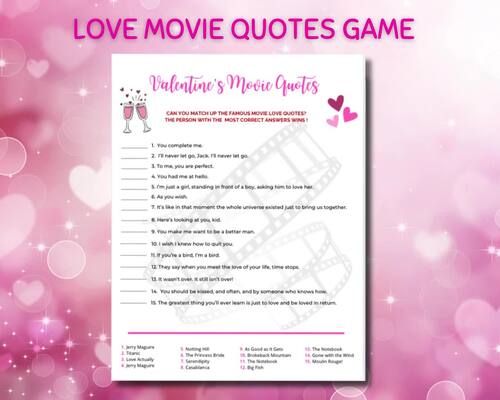 Valentine's Day Movie Quote Trivia Game, Holiday Party Printable Game