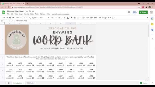 DIGITAL Rhyming Word Bank | 1000+ WORDS! by Speech Bear | TPT