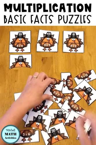 Multiplication Fact Puzzles Turkey Theme by Mitchell MATH Activities