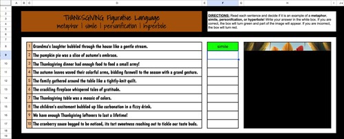 THANKSGIVING FIGURATIVE LANGUAGE Google Sheets Digital Mystery Picture