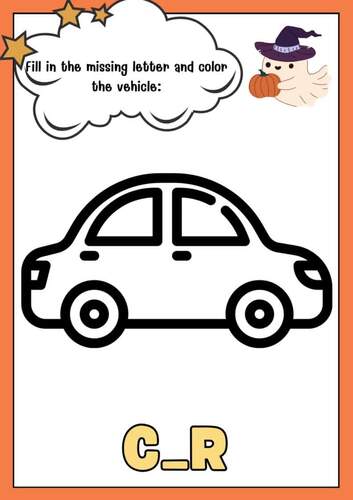 Halloween Vehicle Missing Letter Worksheets | 1st & 2nd Grade Spelling Fun