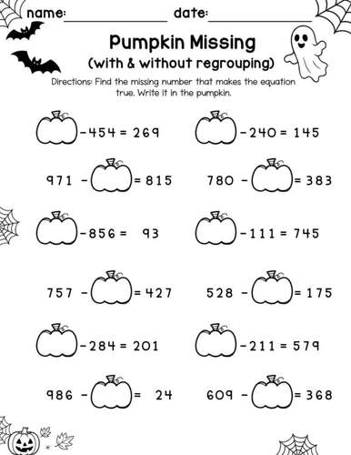 Halloween 3 Digit Subtraction Worksheets | With & Without Regrouping Fun