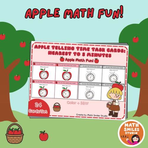 Apple Telling Time Task Cards: Nearest 5 Minutes (Color + B&W) | 2nd ...