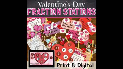 Valentine's Day Fraction Math Centers PRINT and DIGITAL Stations