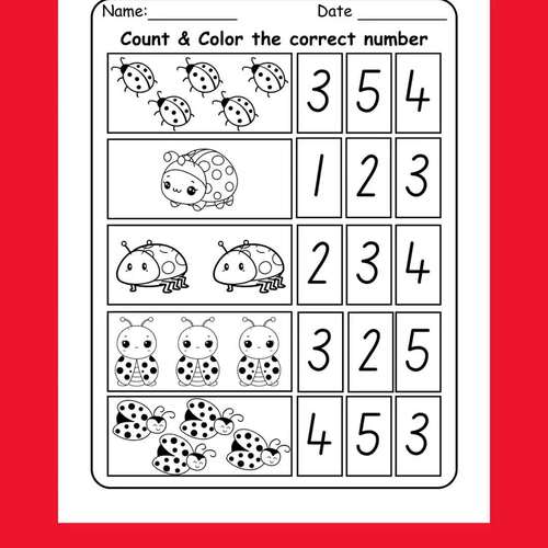 Ladybug Count & Color Worksheets, Spring Numbers 1-5 Math Activity for ...