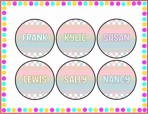 Round Boho Checkered Student Name Labels, KG Calm Colors Name Plates