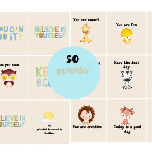 Lunch Box Daily affirmation cards, lunchbox notes, animal themed