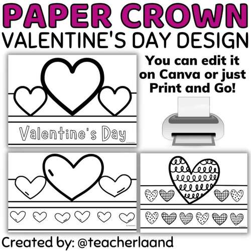 EDITABLE Valentine's Day Paper Crown - Hat - Easy to Print - Heart Design