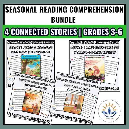 Seasonal Reading Comprehension Bundle | 4 Connected Stories by THINKILA