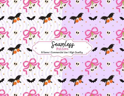 Halloween Seamless Pattern: Pumpkin, Ghosts, Bats Coquette Clipart ...
