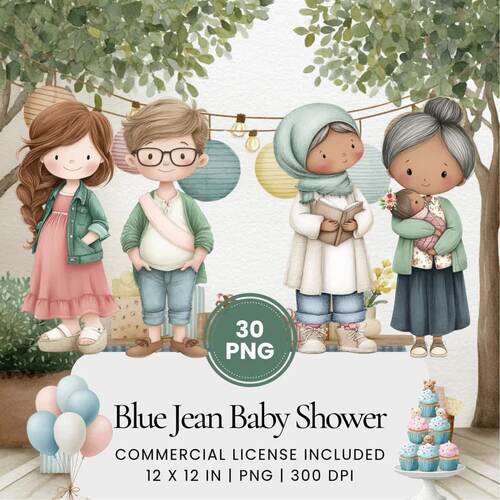 Blue Jean Baby Shower Watercolor Clipart by Ikota Design | TPT