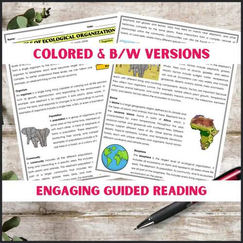 Ecology Levels of Organization Reading Comprehension Passage and Questions